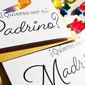 Spanish Will you be my Godparents Cards (Madrina & Padrino) - Godmother & Godfather Proposals in Black-and-White Lettering, with Golden Shimmer Envelopes (Set of 2 cards) (Madrina & Padrino)