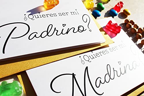 Spanish Will you be my Godparents Cards (Madrina & Padrino) - Godmother & Godfather Proposals in Black-and-White Lettering, with Golden Shimmer Envelopes (Set of 2 cards) (Madrina & Padrino)