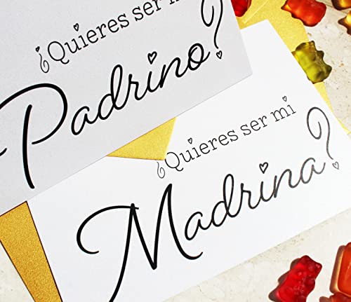 Spanish Will you be my Godparents Cards (Madrina & Padrino) - Godmother & Godfather Proposals in Black-and-White Lettering, with Golden Shimmer Envelopes (Set of 2 cards) (Madrina & Padrino)