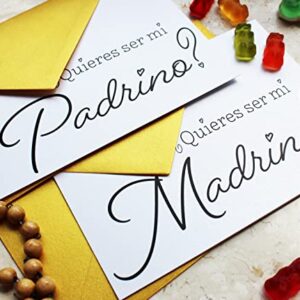 Spanish Will you be my Godparents Cards (Madrina & Padrino) - Godmother & Godfather Proposals in Black-and-White Lettering, with Golden Shimmer Envelopes (Set of 2 cards) (Madrina & Padrino)