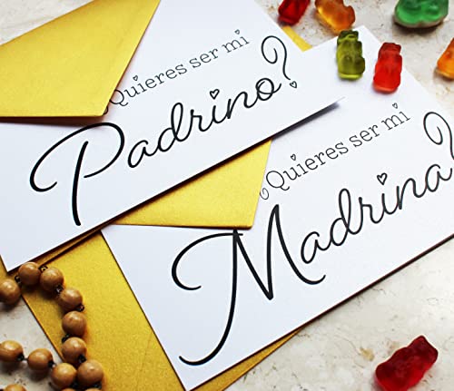 Spanish Will you be my Godparents Cards (Madrina & Padrino) - Godmother & Godfather Proposals in Black-and-White Lettering, with Golden Shimmer Envelopes (Set of 2 cards) (Madrina & Padrino)