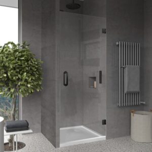 Single Swing Hinge Glass Shower Door Ravello Series 28"x80" with Matte Black Finish - 3/8" Tempered Glass with Smart Guard Easy Clean Coating - Frameless Hinge Shower Door by Fab Glass and Mirror