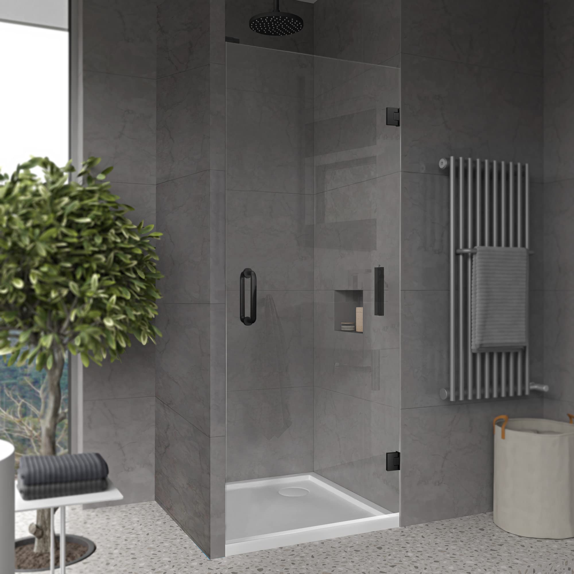 Single Swing Hinge Glass Shower Door Ravello Series 28"x80" with Matte Black Finish - 3/8" Tempered Glass with Smart Guard Easy Clean Coating - Frameless Hinge Shower Door by Fab Glass and Mirror