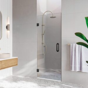 Single Swing Hinge Glass Shower Door Ravello Series 28"x80" with Matte Black Finish - 3/8" Tempered Glass with Smart Guard Easy Clean Coating - Frameless Hinge Shower Door by Fab Glass and Mirror