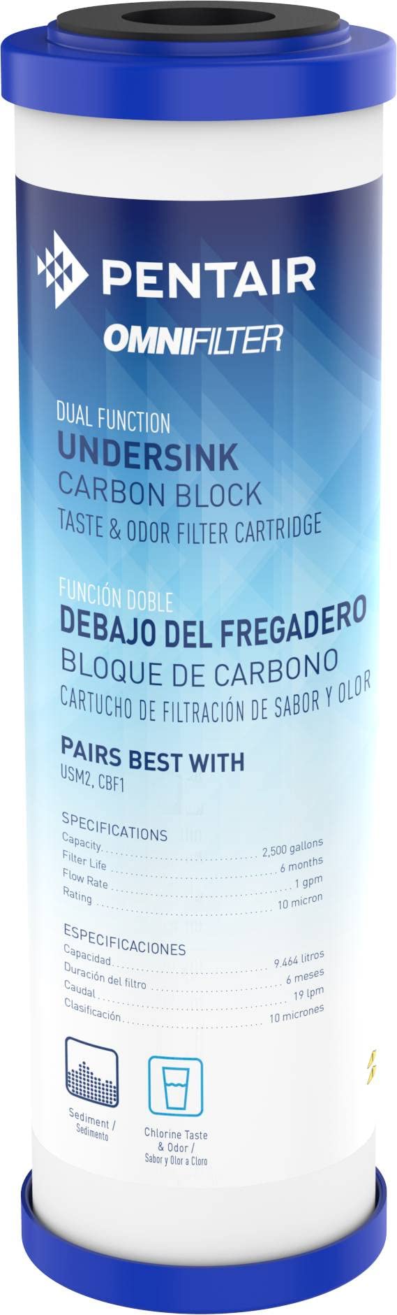 Pentair OMNIFilter CB7 Carbon Water Filter, 10-Inch, Premium Under Sink Dual Function Carbon Block Taste & Odor Replacement Cartridge, 10" x 2.5", 10 Micron,White