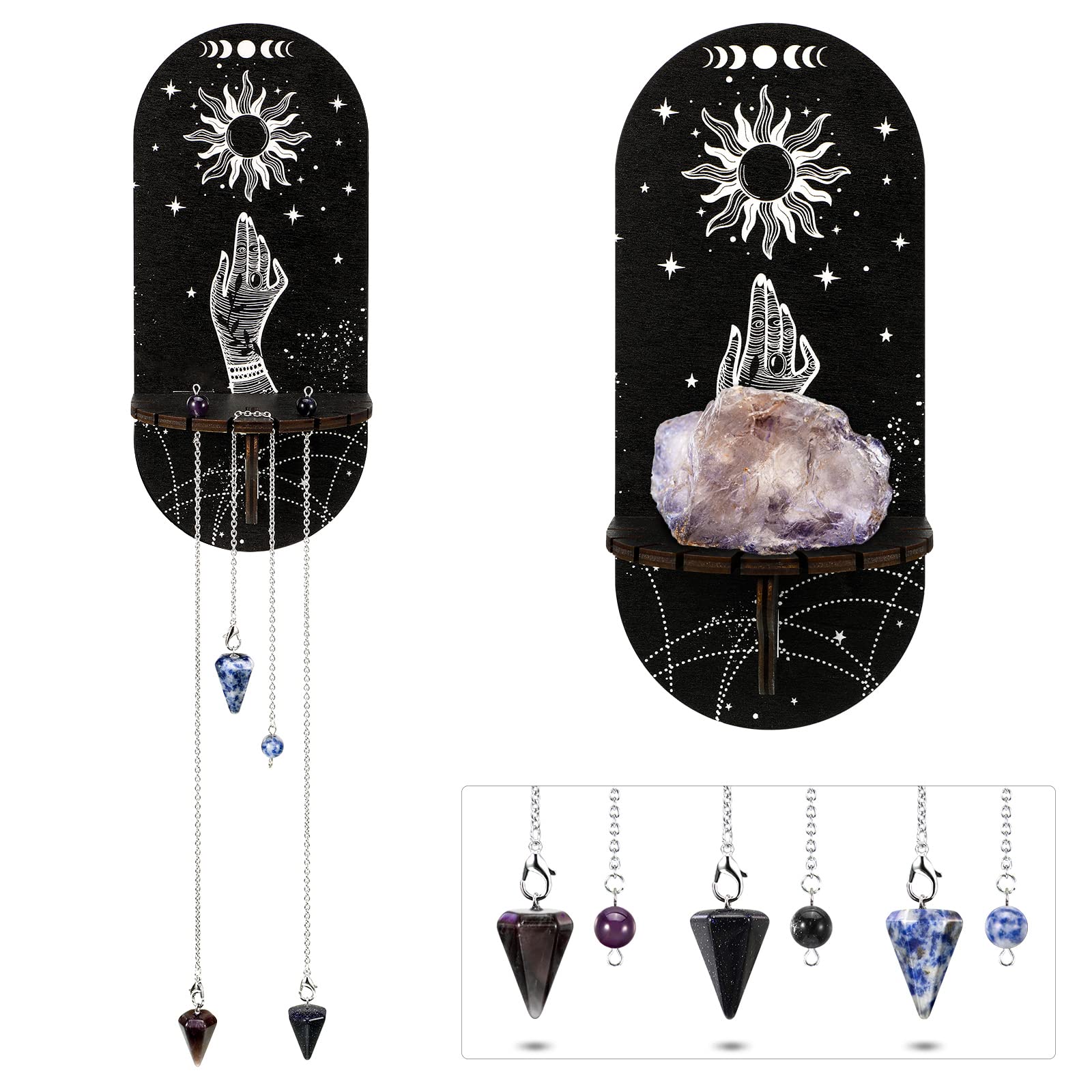 Small Crystal Shelf Crystal Pendulum Holder Stand Display Shelf Black Magical Boho Hand Shelf Witch Stuff Wooden Rustic Hanging Decor with 3 Pieces Crystals Stone for Essential Oil (Moon Style)