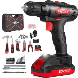 20V Cordless Electric Drill Set, 168 Pieces Power Drill Driver Kit, Max 310in.lbs with Tool Case for Home Repair 18+1 Poisition Torque Drill for Metal, Wood, Plastics by Excited Work