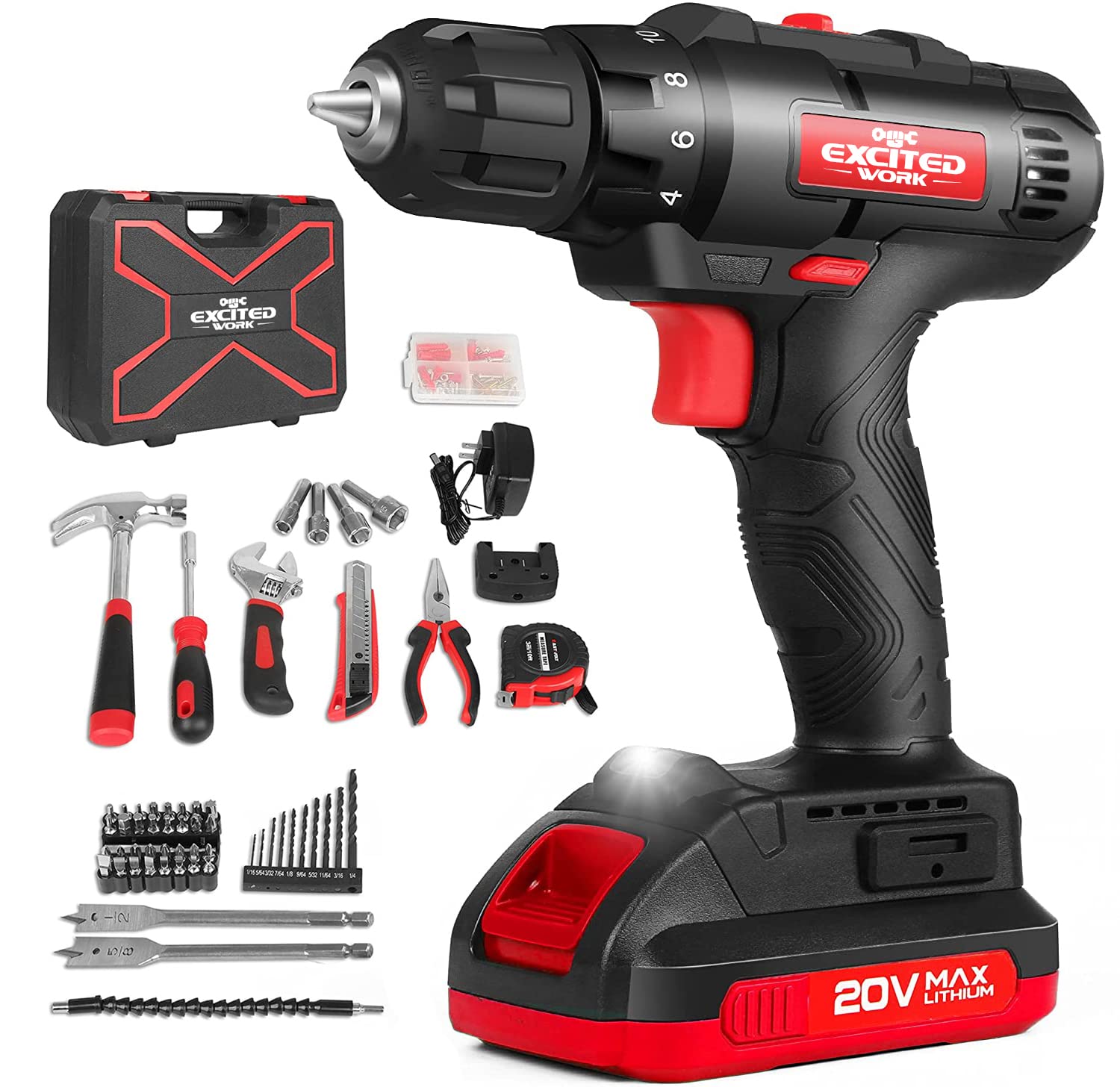 20V Cordless Electric Drill Set, 168 Pieces Power Drill Driver Kit, Max 310in.lbs with Tool Case for Home Repair 18+1 Poisition Torque Drill for Metal, Wood, Plastics by Excited Work