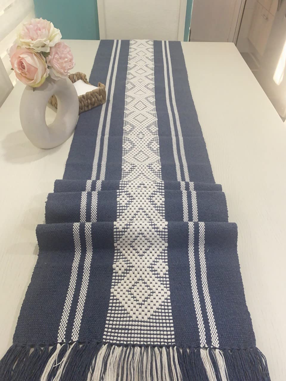 Fine table runner on waisted loom and hand embroidery