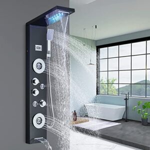 fcoteeu multi-function shower panel with temperature display,led rainfall waterfall shower head 2 rain massage jets and 2 mist spray shower panel tower system,black