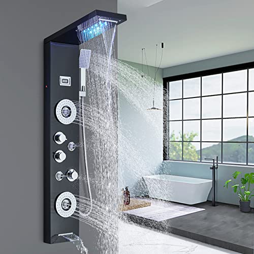 FCOTEEU Multi-Function Shower Panel with Temperature Display,LED Rainfall Waterfall Shower Head 2 Rain Massage Jets and 2 Mist Spray Shower Panel Tower System,Black