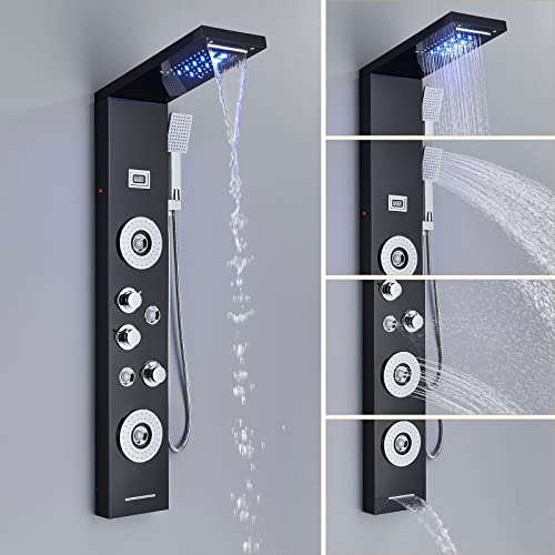 FCOTEEU Multi-Function Shower Panel with Temperature Display,LED Rainfall Waterfall Shower Head 2 Rain Massage Jets and 2 Mist Spray Shower Panel Tower System,Black