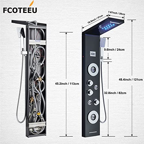 FCOTEEU Multi-Function Shower Panel with Temperature Display,LED Rainfall Waterfall Shower Head 2 Rain Massage Jets and 2 Mist Spray Shower Panel Tower System,Black