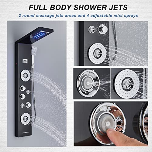 FCOTEEU Multi-Function Shower Panel with Temperature Display,LED Rainfall Waterfall Shower Head 2 Rain Massage Jets and 2 Mist Spray Shower Panel Tower System,Black