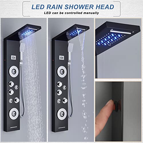 FCOTEEU Multi-Function Shower Panel with Temperature Display,LED Rainfall Waterfall Shower Head 2 Rain Massage Jets and 2 Mist Spray Shower Panel Tower System,Black