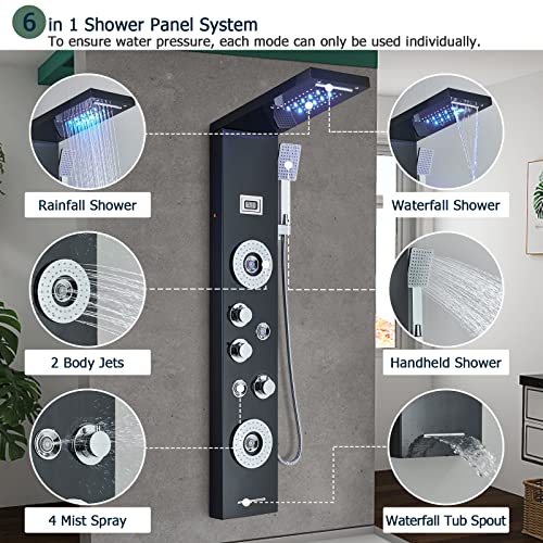 FCOTEEU Multi-Function Shower Panel with Temperature Display,LED Rainfall Waterfall Shower Head 2 Rain Massage Jets and 2 Mist Spray Shower Panel Tower System,Black