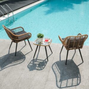 Verano Garden 3 Piece Patio Bistro Set, Outdoor Wicker Conversation Chair Sets Balcony Furniture,Coffee Table with Glass Top, Cushions & Lumbar Pillows for Porch, Backyard, Deck, Poolside