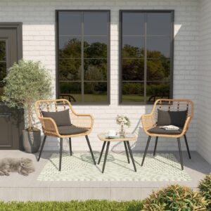 Verano Garden 3 Piece Patio Bistro Set, Outdoor Wicker Conversation Chair Sets Balcony Furniture,Coffee Table with Glass Top, Cushions & Lumbar Pillows for Porch, Backyard, Deck, Poolside