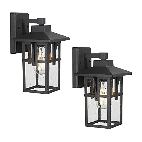 HWH INVESTMENT Outdoor Wall Light 2 Pack, Exterior Wall Sconce Light Fixtures with Seeded Glass, Farmhouse 1-Light Porch Light Waterproof for Patio Balcony Indoor, Matte Black, 5HX62B-2PK BK