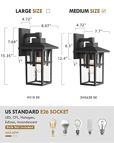 HWH INVESTMENT Outdoor Wall Light 2 Pack, Exterior Wall Sconce Light Fixtures with Seeded Glass, Farmhouse 1-Light Porch Light Waterproof for Patio Balcony Indoor, Matte Black, 5HX62B-2PK BK