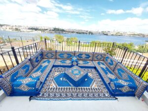 u shaped arabic sofa set, terrace pallet sofa, royal blue sectional sofas, floor cushions, arabic majlis, pouffs turkish floor seating set (u sofas + rug + ottoman)