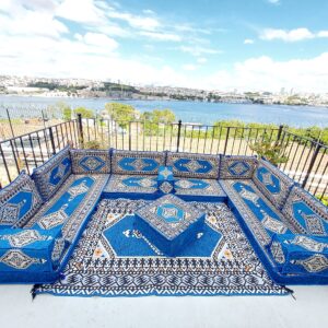 U Shaped Arabic Sofa Set, Terrace Pallet Sofa, Royal Blue Sectional Sofas, Floor Cushions, Arabic Majlis, Pouffs Turkish Floor Seating Set (U Sofas + Rug + Ottoman)