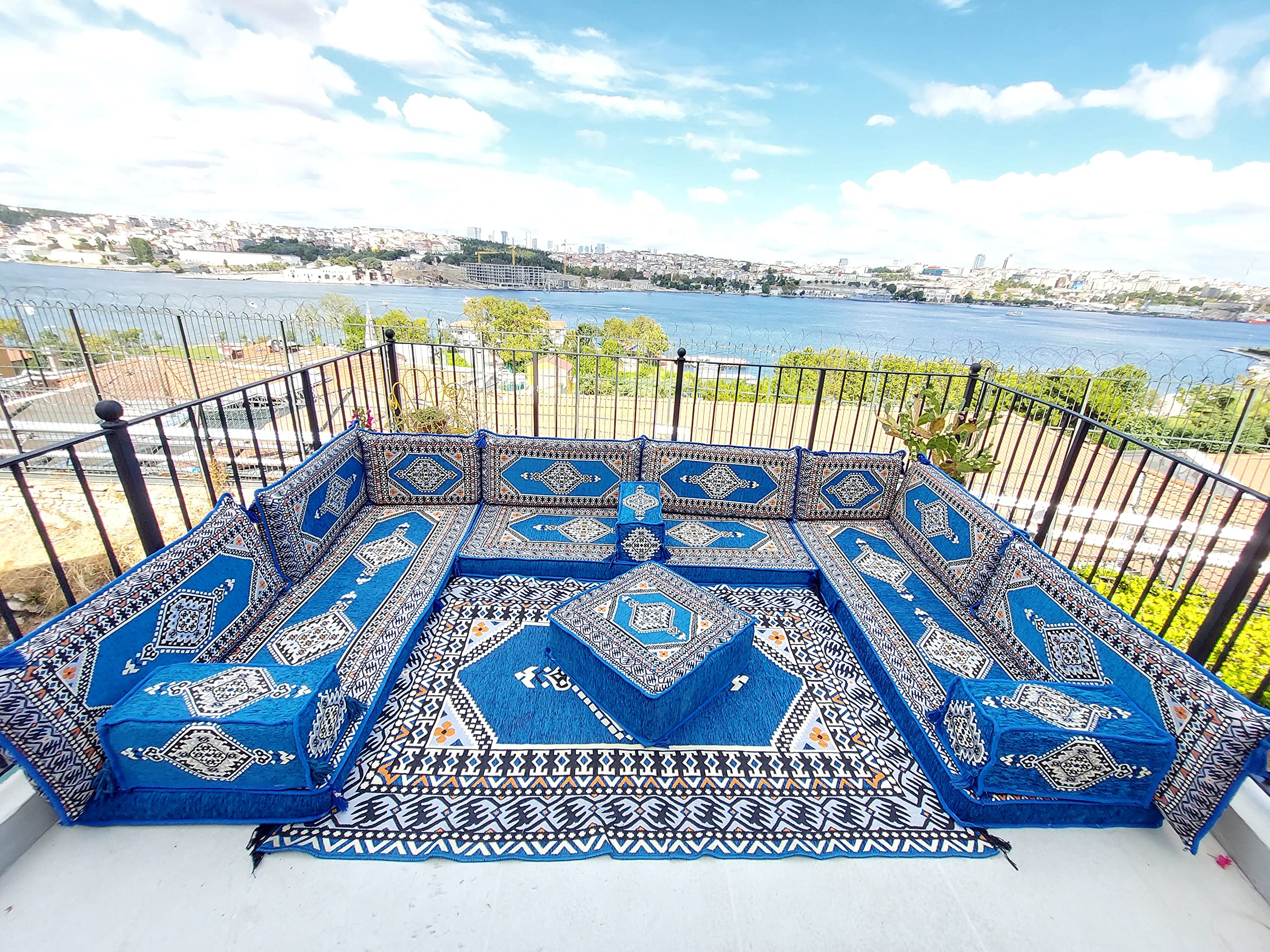 U Shaped Arabic Sofa Set, Terrace Pallet Sofa, Royal Blue Sectional Sofas, Floor Cushions, Arabic Majlis, Pouffs Turkish Floor Seating Set (U Sofas + Rug + Ottoman)