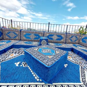 U Shaped Arabic Sofa Set, Terrace Pallet Sofa, Royal Blue Sectional Sofas, Floor Cushions, Arabic Majlis, Pouffs Turkish Floor Seating Set (U Sofas + Rug + Ottoman)