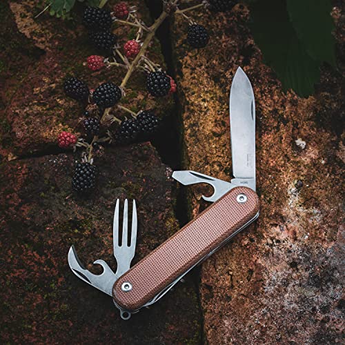 MKM Maniago Knife Makers MALGA 6 Pocket Knife and Multi Tool, Blade, Bottle Opener, Screwdriver, Can Opener, Corkscrew, Awl, and Fork, Slip Joint Mechanism, Made in Italy (Natural Micarta)