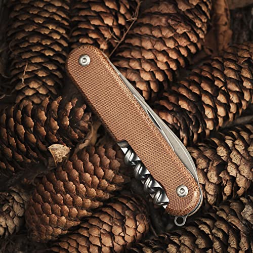 MKM Maniago Knife Makers MALGA 6 Pocket Knife and Multi Tool, Blade, Bottle Opener, Screwdriver, Can Opener, Corkscrew, Awl, and Fork, Slip Joint Mechanism, Made in Italy (Natural Micarta)