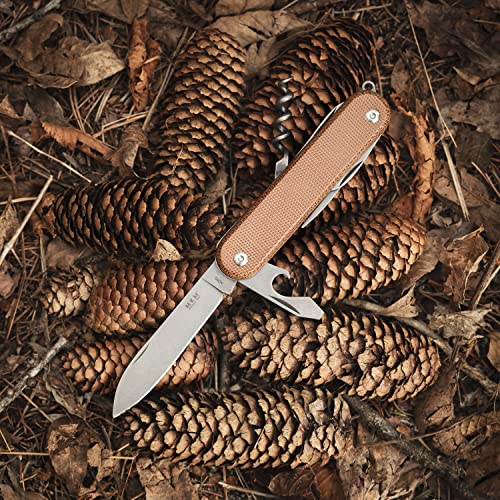 MKM Maniago Knife Makers MALGA 6 Pocket Knife and Multi Tool, Blade, Bottle Opener, Screwdriver, Can Opener, Corkscrew, Awl, and Fork, Slip Joint Mechanism, Made in Italy (Natural Micarta)