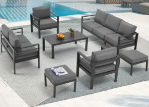 aecojoy aluminum modern patio furniture with coffee table, 7 pieces outdoor conversation set with dark grey cushions for balcony, porch, lawn and more