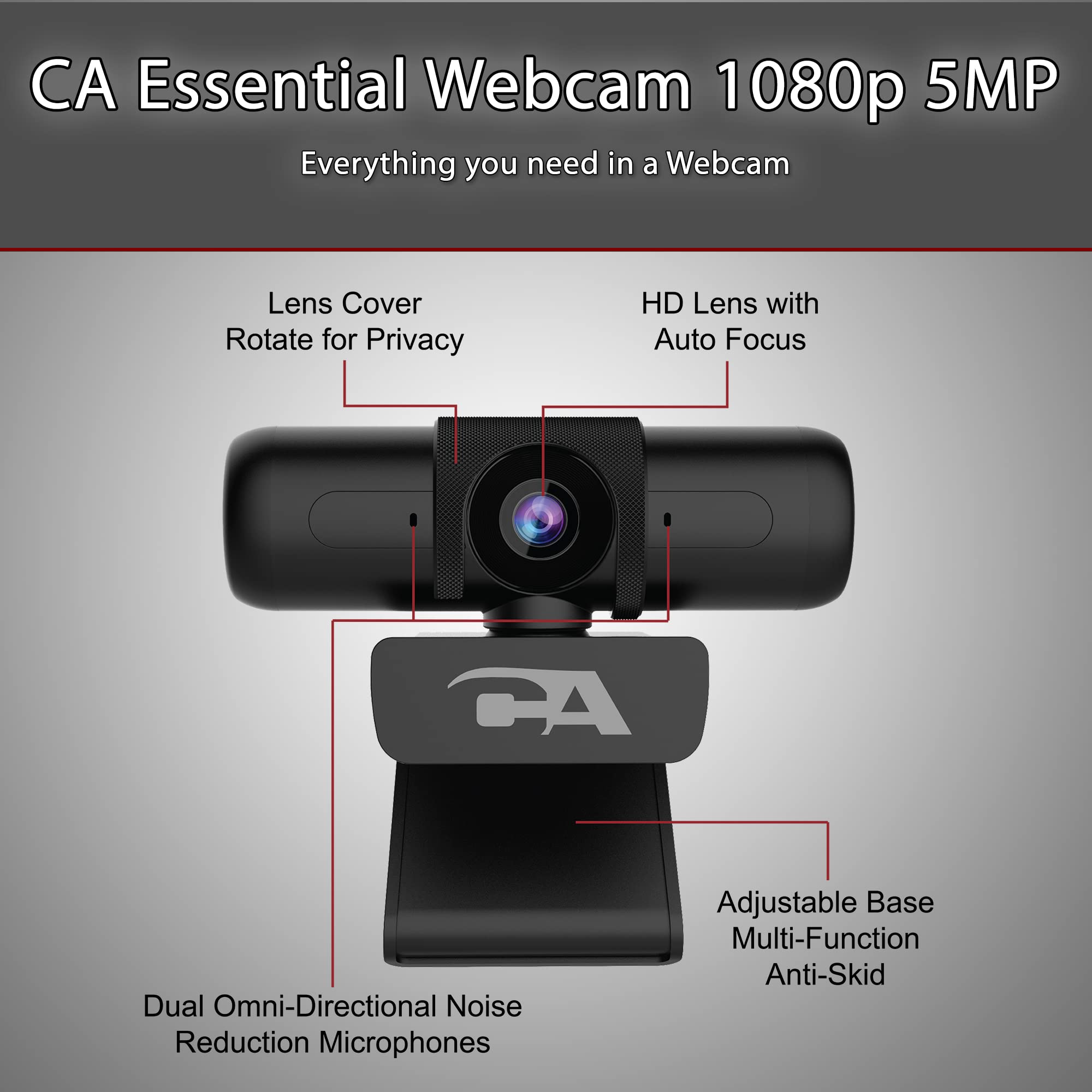 CA Essential Super HD Webcam (WC-3000) - Zoom Certified USB Webcam, 5MP Super HD Video up to 2592x1944 at 30fps, Autofocus & Light Correction, Dual Omnidirectional Mics