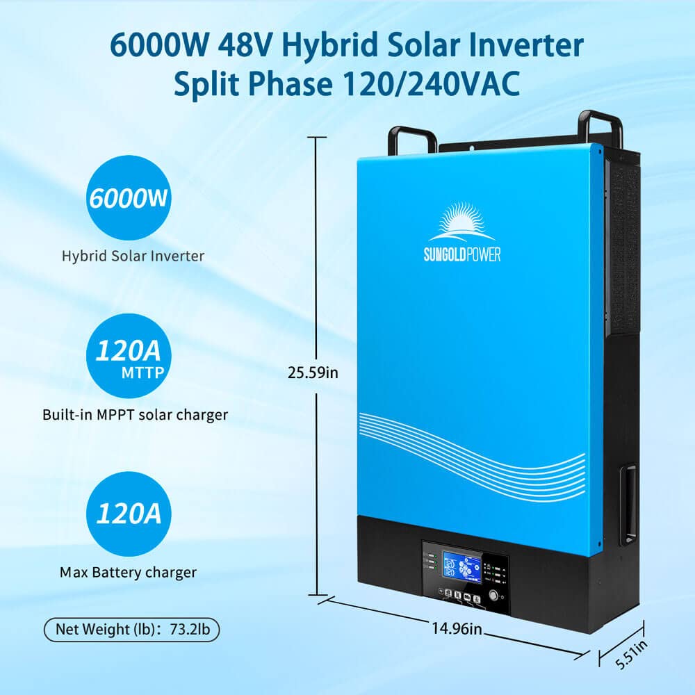 SUNGOLDPOWER 6000W 48Vdc Hybrid Solar Inverter Input 240V Output 120/240V Split Phase Pure Sine Wave Inverter MPPT 120A Solar Charger and 120A AC Charger Batteryless BluePower TP6048