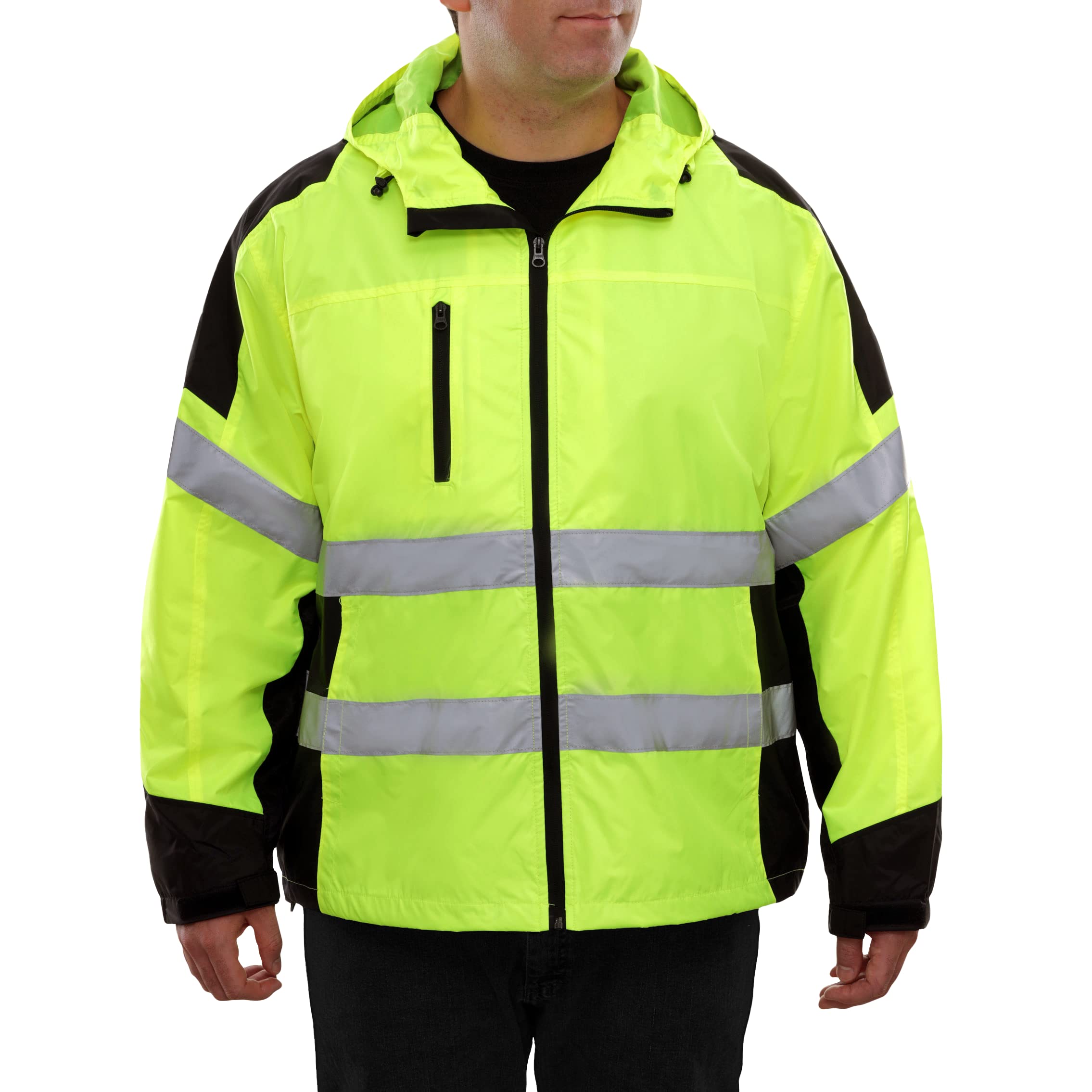 Reflective Apparel High Visibility Hooded Windbreaker Safety Jacket - ANSI Class 2 Compliant, Water-Resistant Shell - Lime, Large