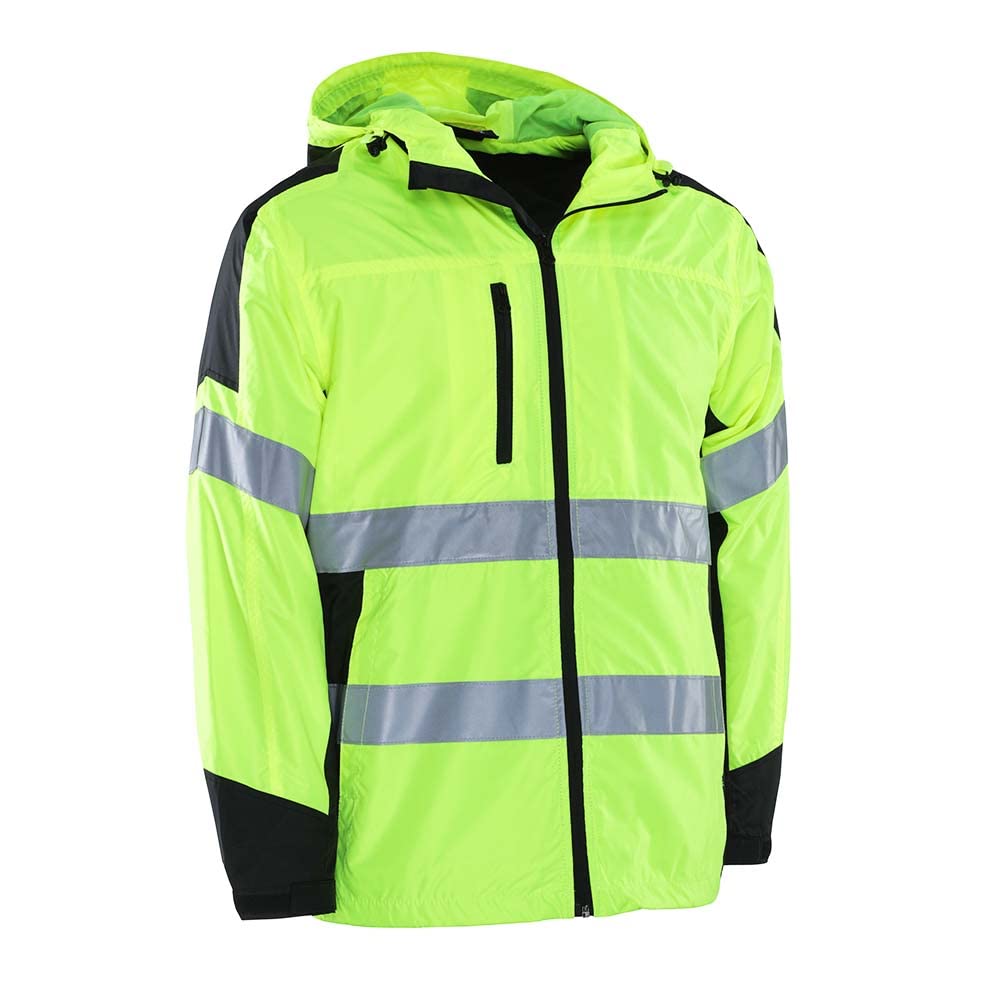 Reflective Apparel High Visibility Hooded Windbreaker Safety Jacket - ANSI Class 2 Compliant, Water-Resistant Shell - Lime, Large