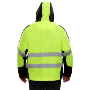 Reflective Apparel High Visibility Hooded Windbreaker Safety Jacket - ANSI Class 2 Compliant, Water-Resistant Shell - Lime, Large