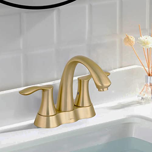 Brushed Gold Bathroom Faucet, Lava Odoro Brass 4 Inch Centerset Bathroom Sink Faucet Two Handle Vanity Faucet with Pop up Drain Assembly Supply Line, Spot-Resistant, BF423-SG