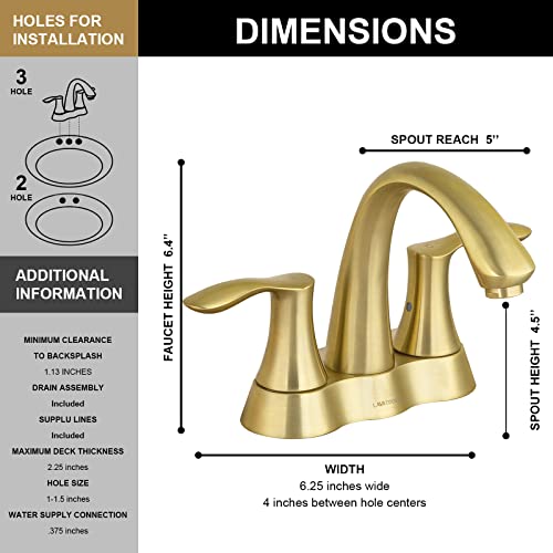 Brushed Gold Bathroom Faucet, Lava Odoro Brass 4 Inch Centerset Bathroom Sink Faucet Two Handle Vanity Faucet with Pop up Drain Assembly Supply Line, Spot-Resistant, BF423-SG