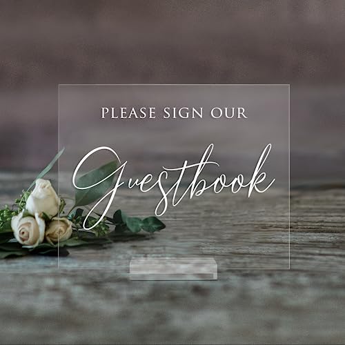 Elegant Please Sign Our Guestbook Acrylic Modern Wedding Sign with Included Clear Acrylic Base - Perfect for Weddings (8X10 or 5X7 with Clear Acrylic Stand) - Sweet Carolina Collective