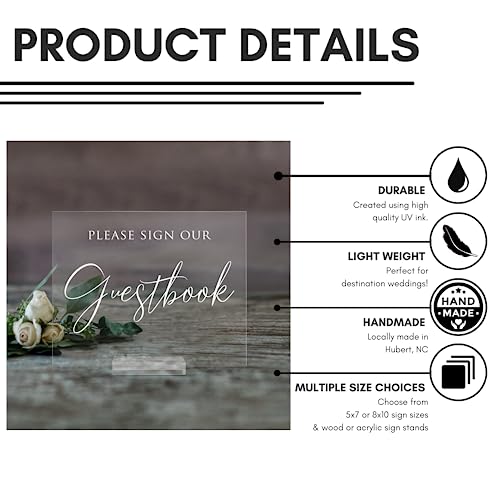 Elegant Please Sign Our Guestbook Acrylic Modern Wedding Sign with Included Clear Acrylic Base - Perfect for Weddings (8X10 or 5X7 with Clear Acrylic Stand) - Sweet Carolina Collective