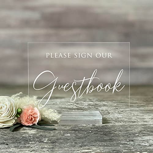 Elegant Please Sign Our Guestbook Acrylic Modern Wedding Sign with Included Clear Acrylic Base - Perfect for Weddings (8X10 or 5X7 with Clear Acrylic Stand) - Sweet Carolina Collective