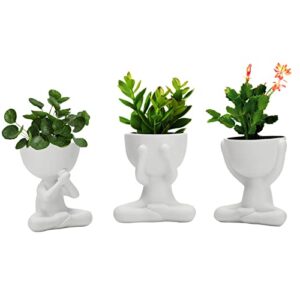 3 pack ceramic succulent plant pot, creative human shaped planter, decorative resin succulent planter vase human face flower pot plant container bonsai holders desktop flower table art statue, white