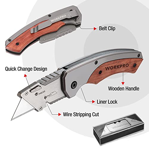 WORKPRO Folding Utility Knife, Quick-Change Box Cutter with Stainless Steel Head & Liner Lock, Wood Handle Razor Knife and Extra 10PC SK5 Blades