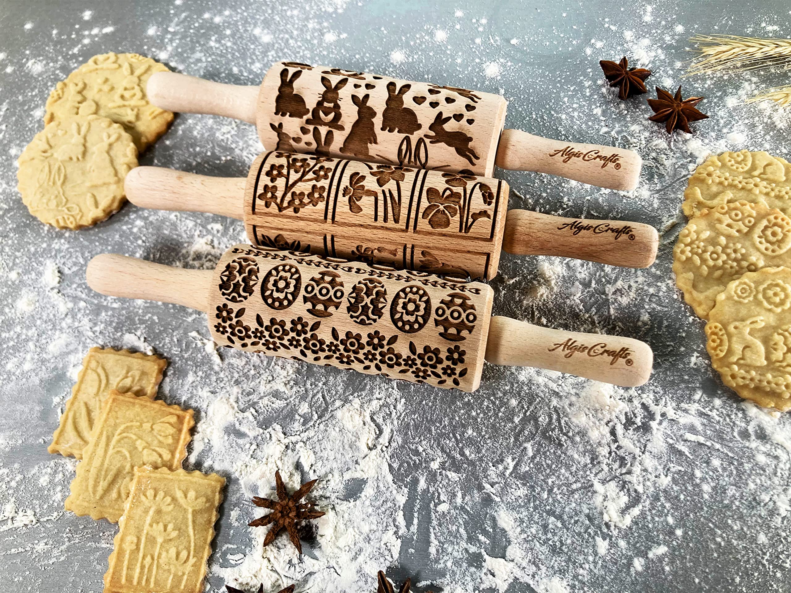 Embossed Rolling Pin Set Wooden Laser Cut Embossing Rolling Pins for Embossed Cookies Play Dough Easter Rabbit Egg Chicken Spring Flowers by Algis Crafts EASTER