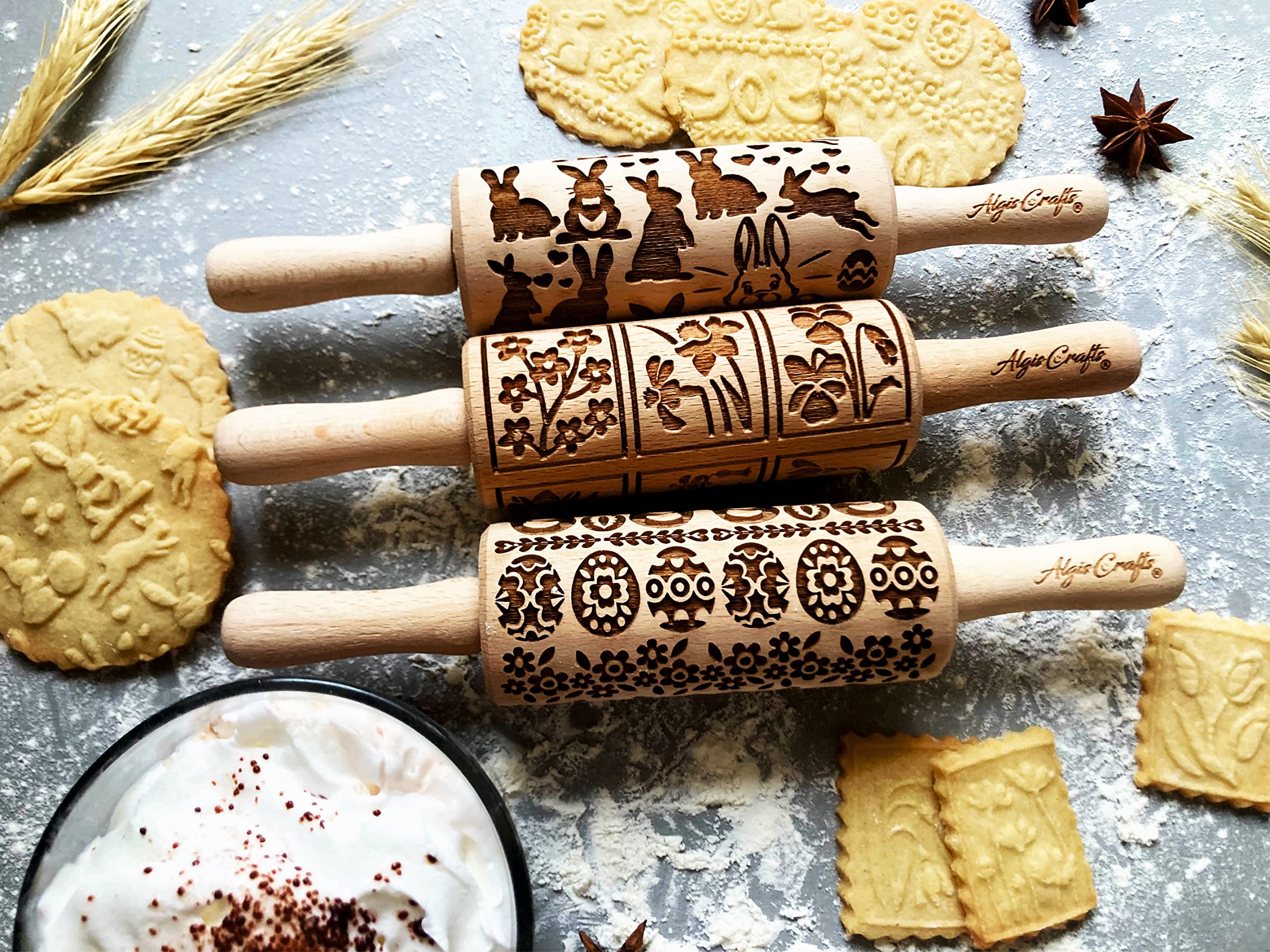 Embossed Rolling Pin Set Wooden Laser Cut Embossing Rolling Pins for Embossed Cookies Play Dough Easter Rabbit Egg Chicken Spring Flowers by Algis Crafts EASTER