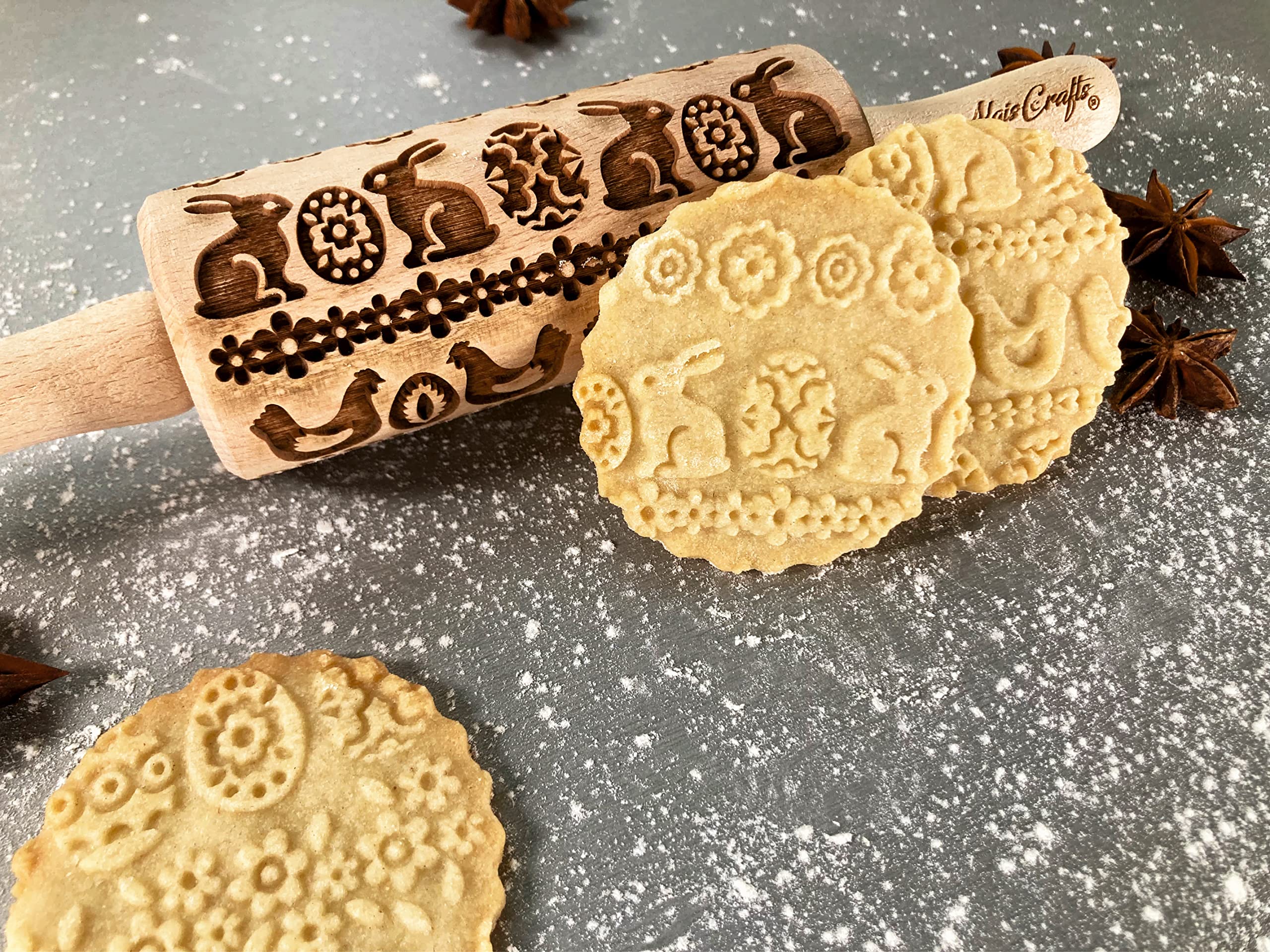 Embossed Rolling Pin Set Wooden Laser Cut Embossing Rolling Pins for Embossed Cookies Play Dough Easter Rabbit Egg Chicken Spring Flowers by Algis Crafts EASTER