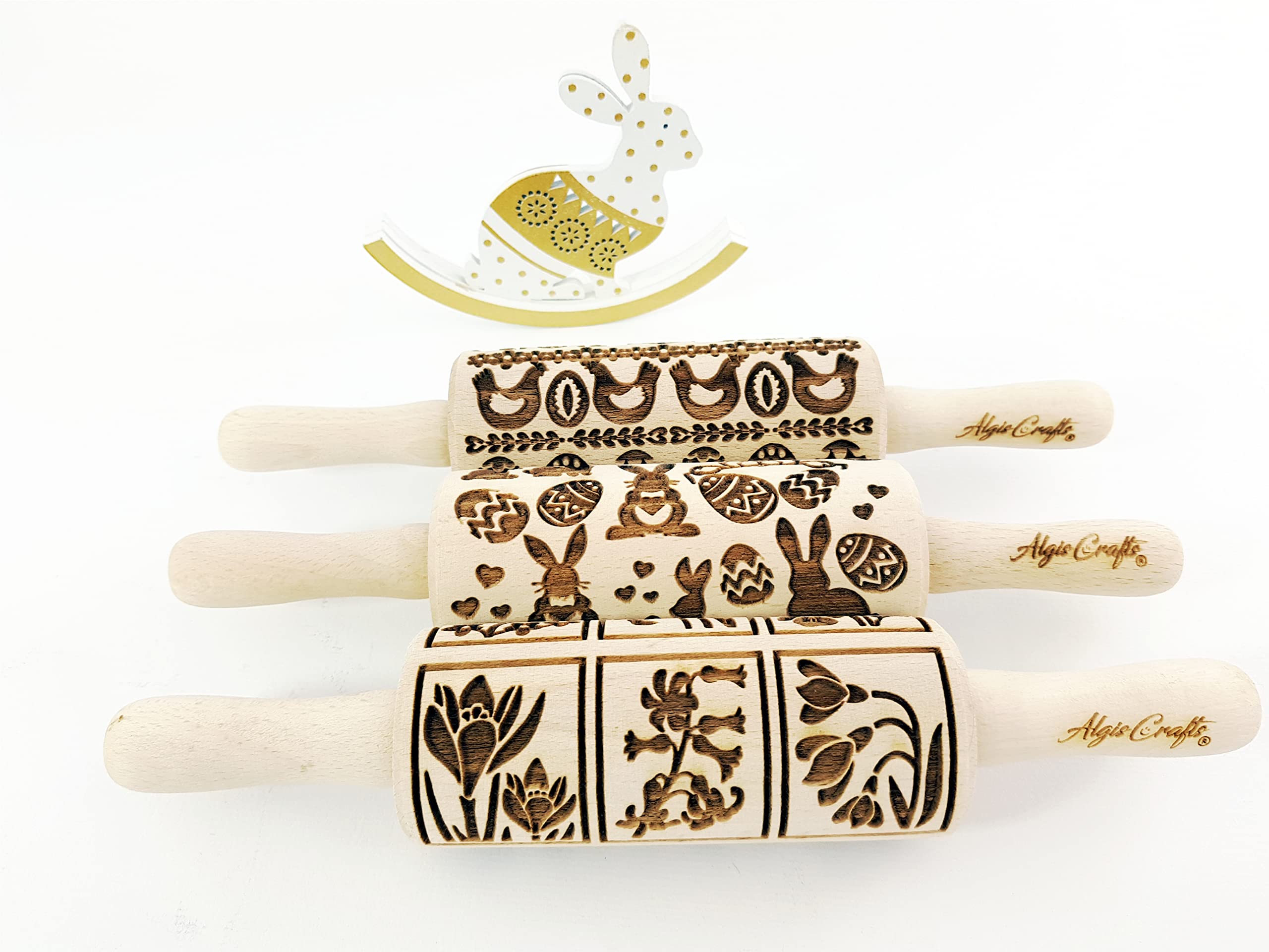 Embossed Rolling Pin Set Wooden Laser Cut Embossing Rolling Pins for Embossed Cookies Play Dough Easter Rabbit Egg Chicken Spring Flowers by Algis Crafts EASTER