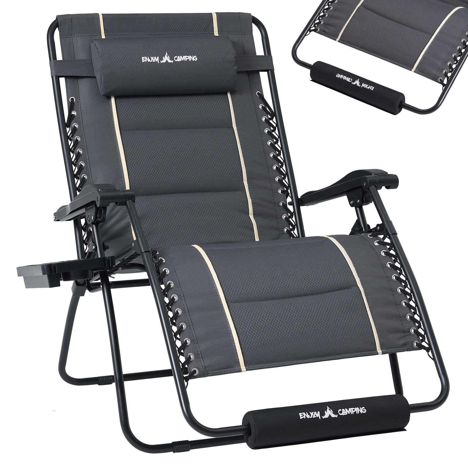 UDPATIO Zero Gravity Chair 33In Oversized XXL Patio Anti Gravity Chairs Outdoor Lounge Folding Adjustable Recliner with Cup Holder, Foot Rest & Padded Headrest,Grey Support 500lbs