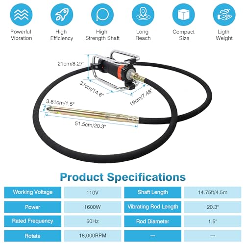 IRONWALLS Power Concrete Vibrators Hand Held, 1500W 18,000RPM 2HP Portable Electric Concrete Vibrator Construction Insertion Vibrator with 14-3/4ft Flexible Shaft, Commercial Concrete Tools